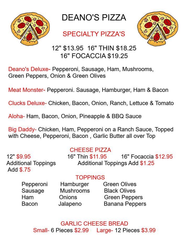 Menu at Deano's Diner pizzeria, Ashley