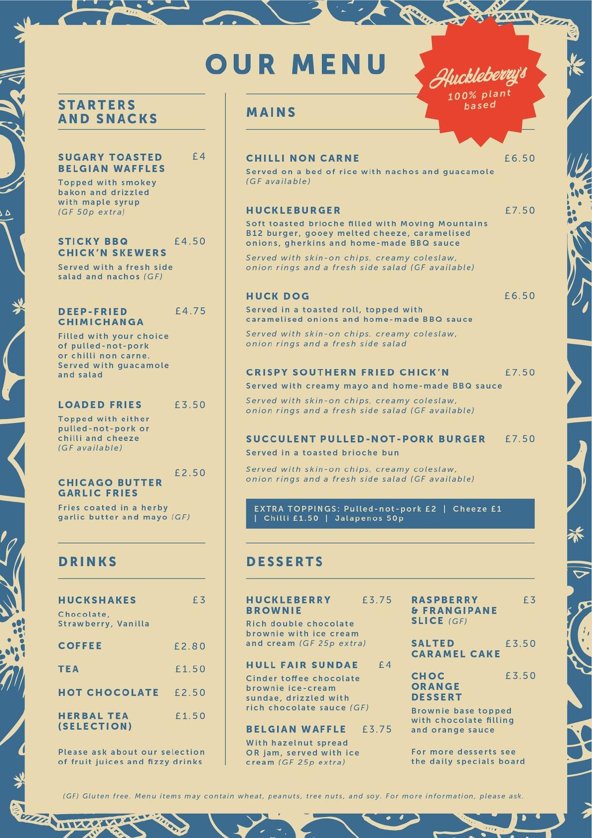 Menu at Huckleberry's restaurant, Hull