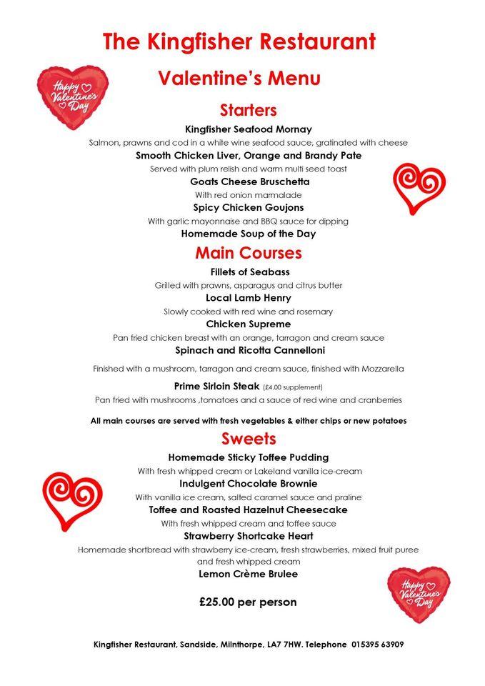 Menu at Kingfisher restaurant, Milnthorpe, Sandside