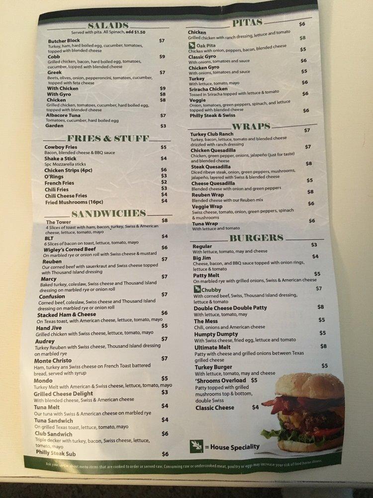 Menu at Oak Diner restaurant, Royal Oak