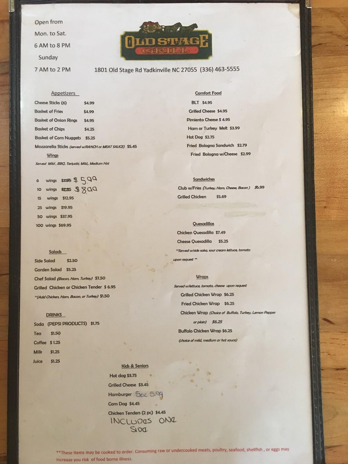 Menu at Old Stage Grill restaurant, Yadkinville