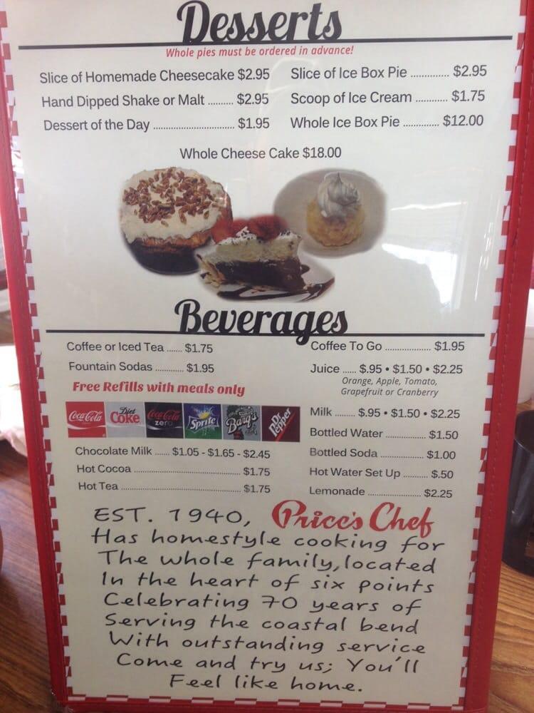 Menu at Price's Chef restaurant, Corpus Christi