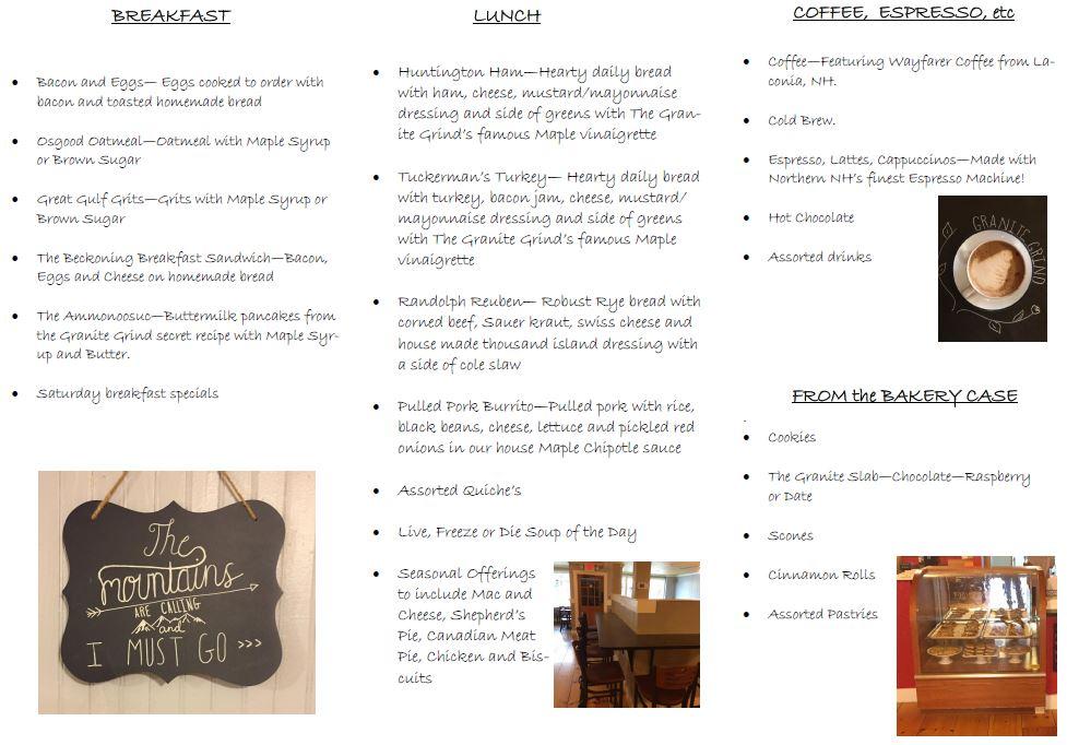 Menu at The Granite Grind cafe, Lancaster