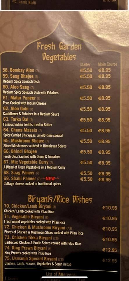 Menu at Usmania Indian Restaurant, Killarney