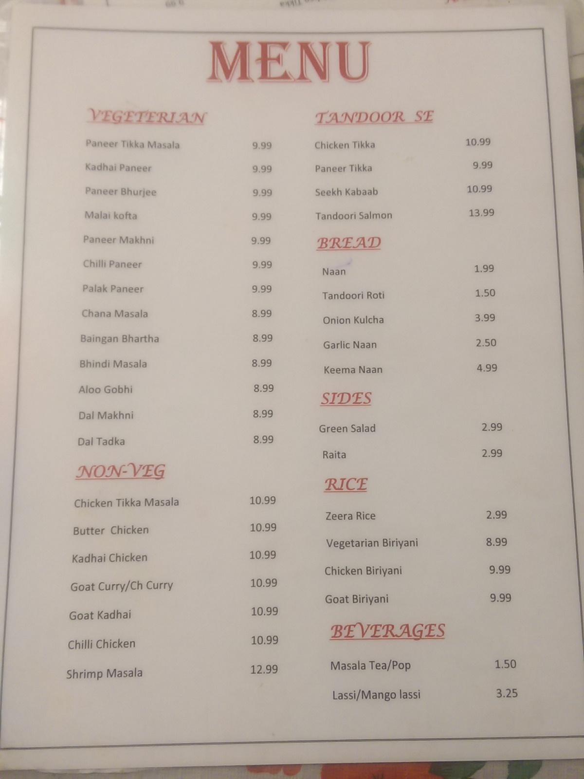 Menu at Baba Dhaba restaurant, Brampton, 255 Rutherford Rd S