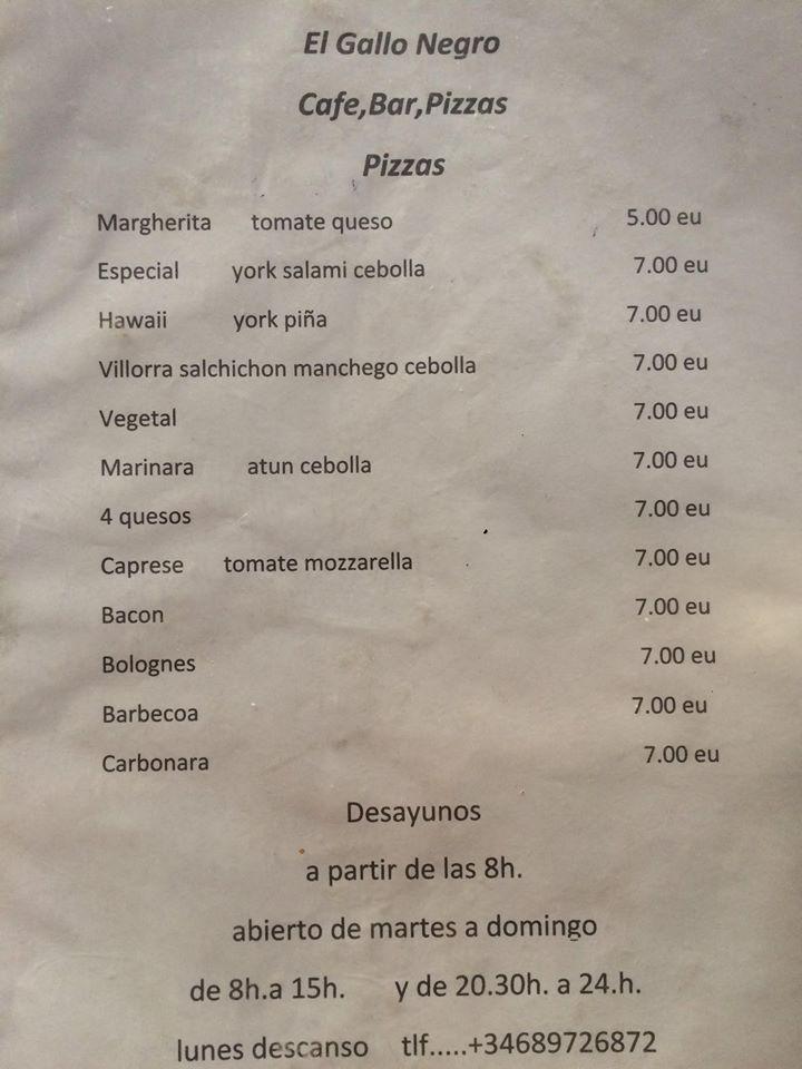 Menu at Cafe Bar Pizzas El Gallo Negro, Villar del Rey