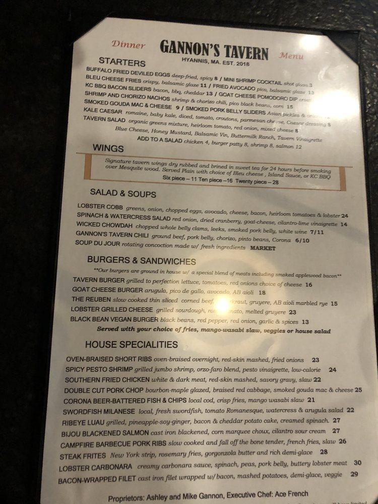 Menu at Gannon's Tavern pub & bar, Barnstable