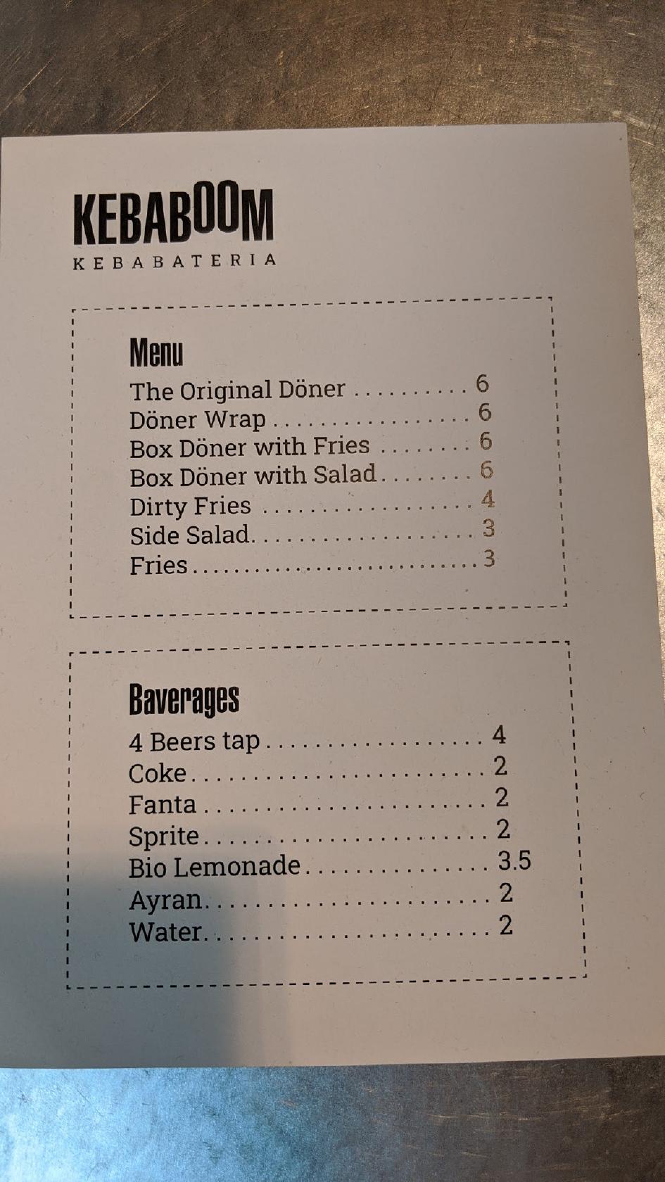 Menu at Kebaboom Balti Jaam cafe, Tallinn