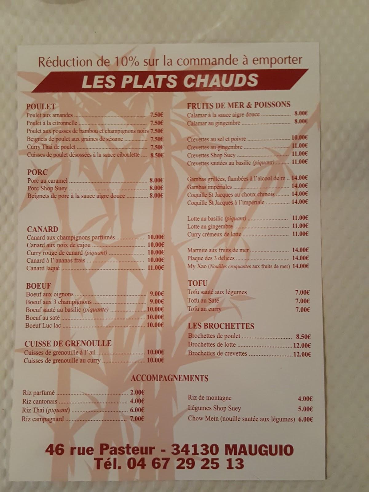Menu at Le Palanquin restaurant, Mauguio