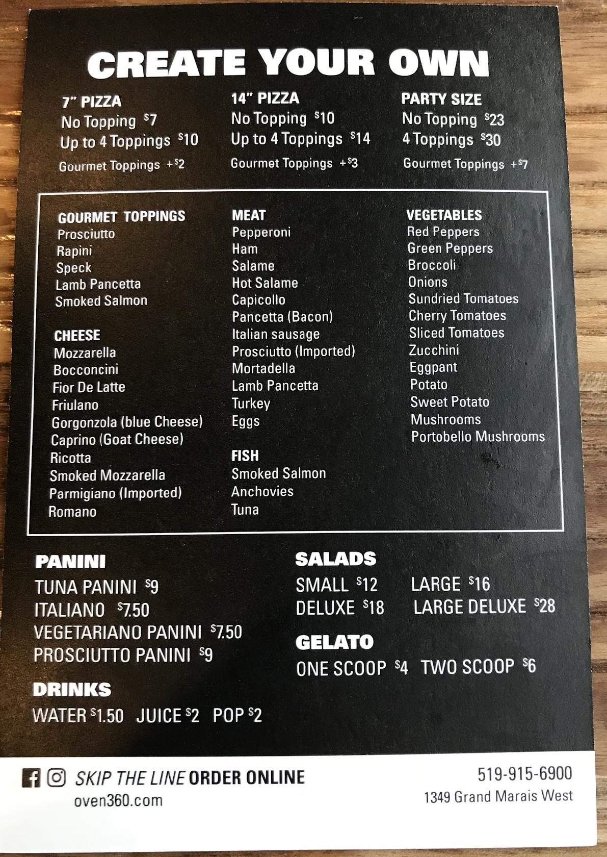 Menu at Oven 360 Grand Marais pizzeria, Windsor, Grand Marais Rd W unit 107
