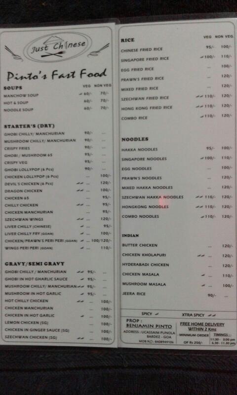 Menu at Pinto's Fast Food, Mapusa