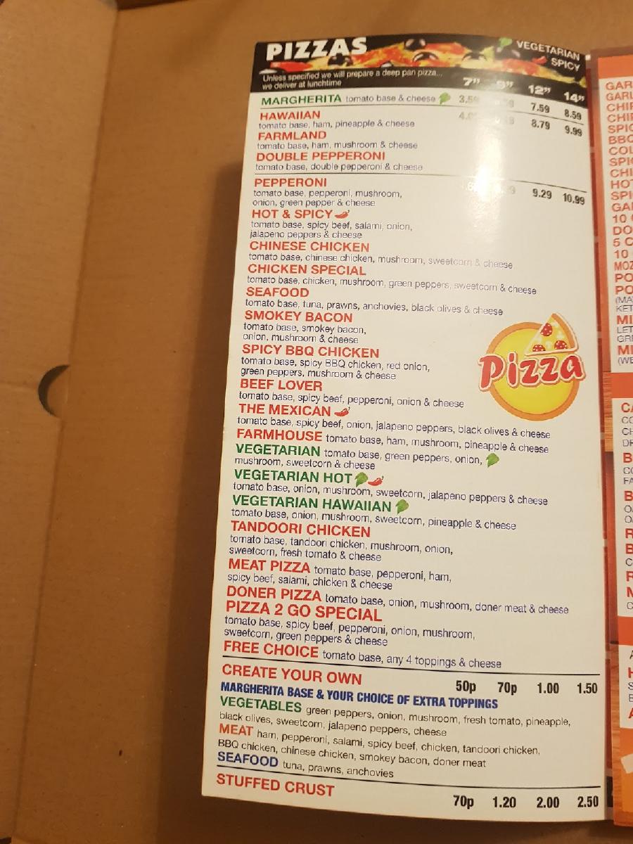 Menu at Pizza 2 Go pizzeria, Rushden
