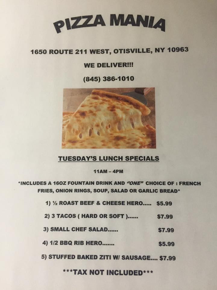Menu at Pizza Mania pizzeria, Otisville, 9 Main St