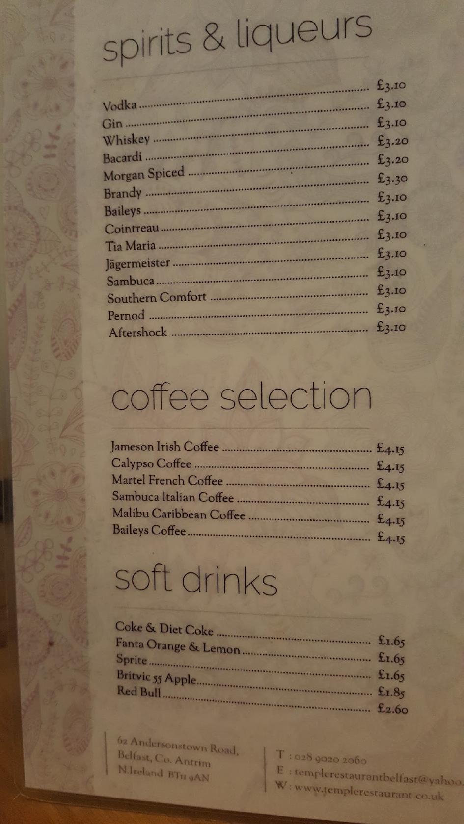 Menu at Temple Restaurant, Belfast