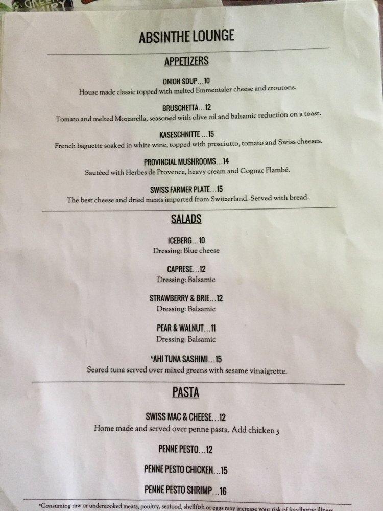 Menu at The Absinthe Bar, Breckenridge