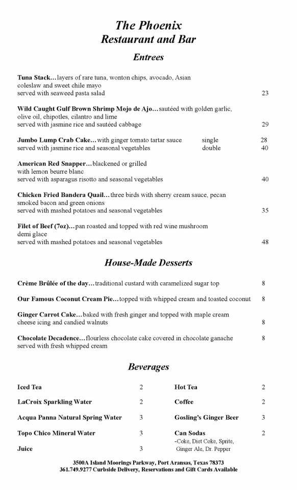 Menu at The Phoenix Restaurant & Bar, Port Aransas, -A Island Moorings Pkwy