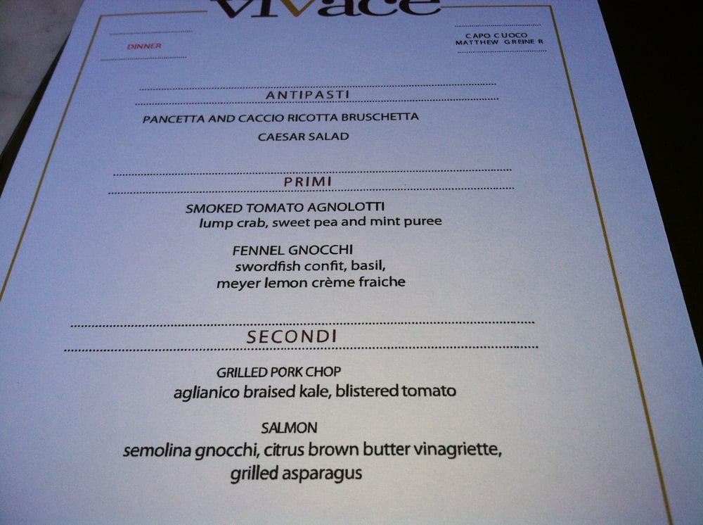 Menu at Vivace restaurant, Raleigh