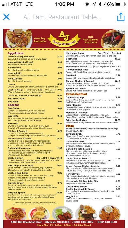 Menu at AJ Family Restaurant, Monroe