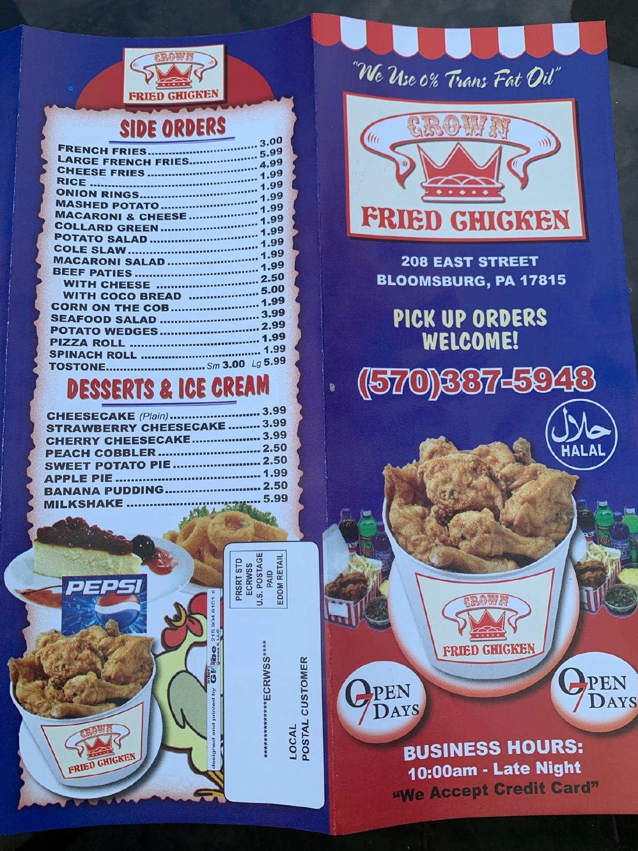 Menu at Crown Fried Chicken restaurant, Bloomsburg