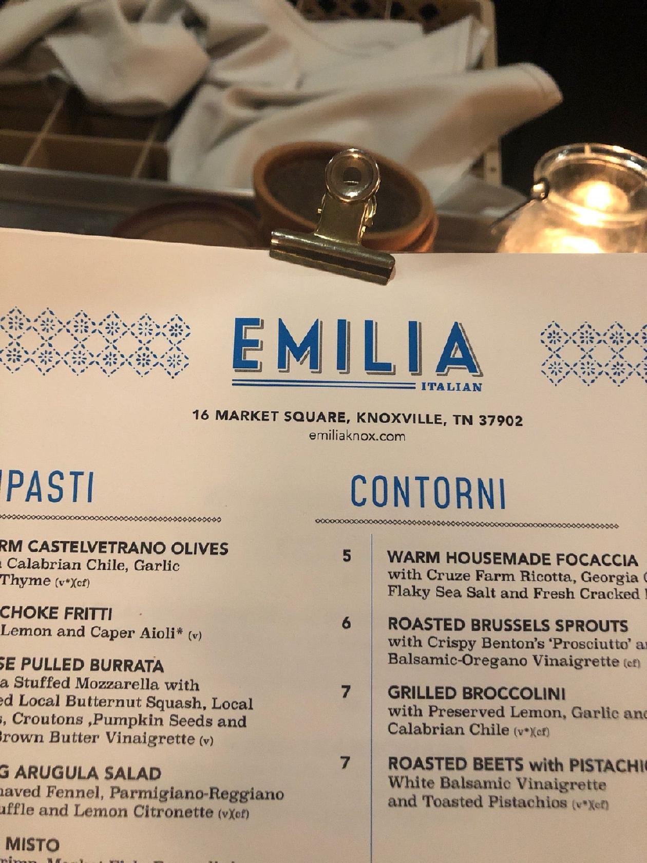 Menu at Emilia restaurant, Knoxville