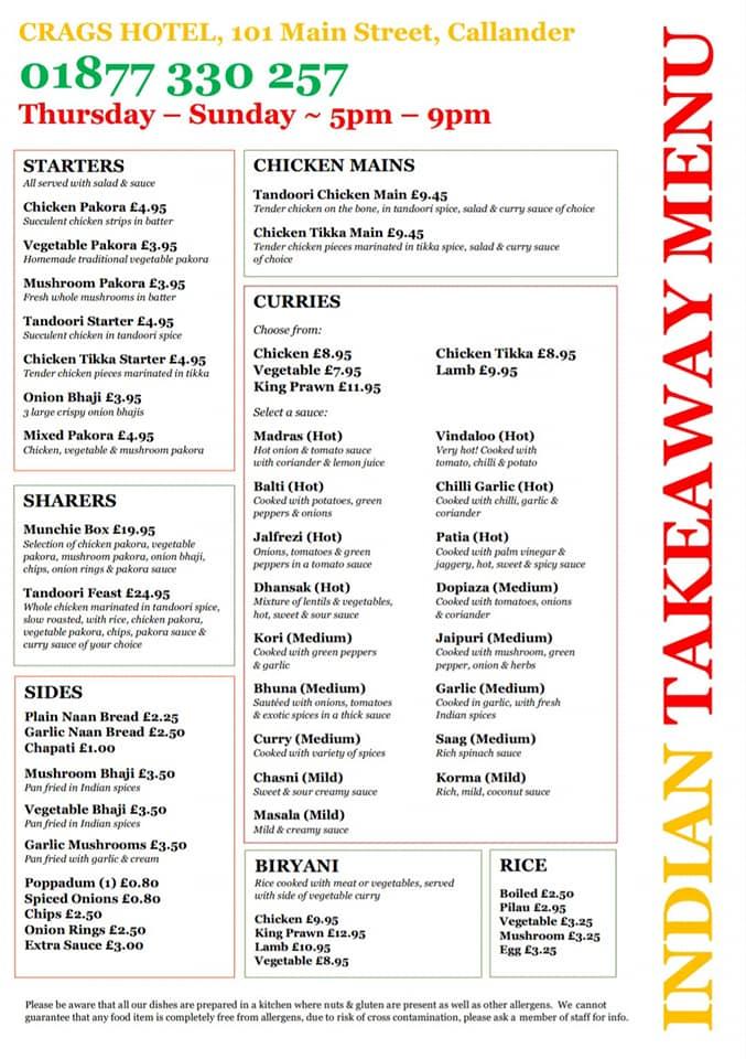 Menu at Crags Hotel pub & bar, Callander
