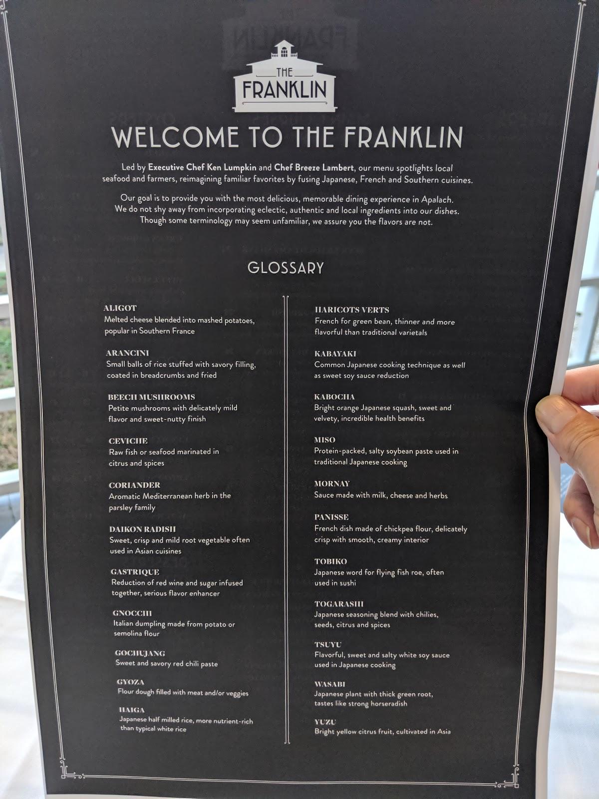 Carta de The Franklin Café, Apalachicola