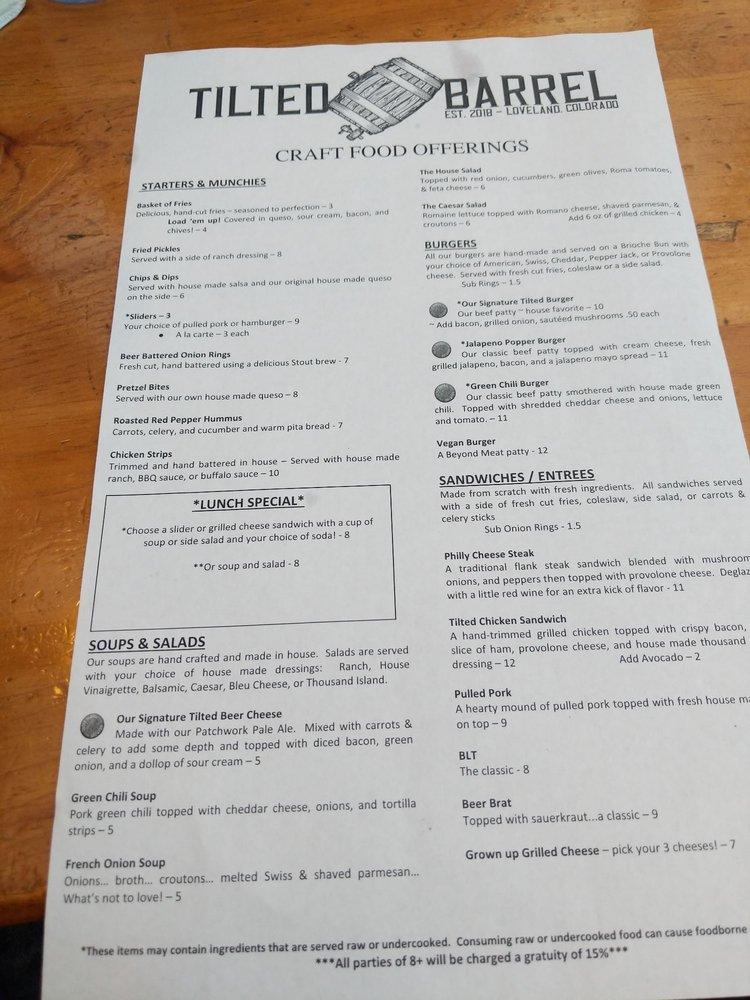 Menu at Tilted Barrel Brew Pub, Loveland
