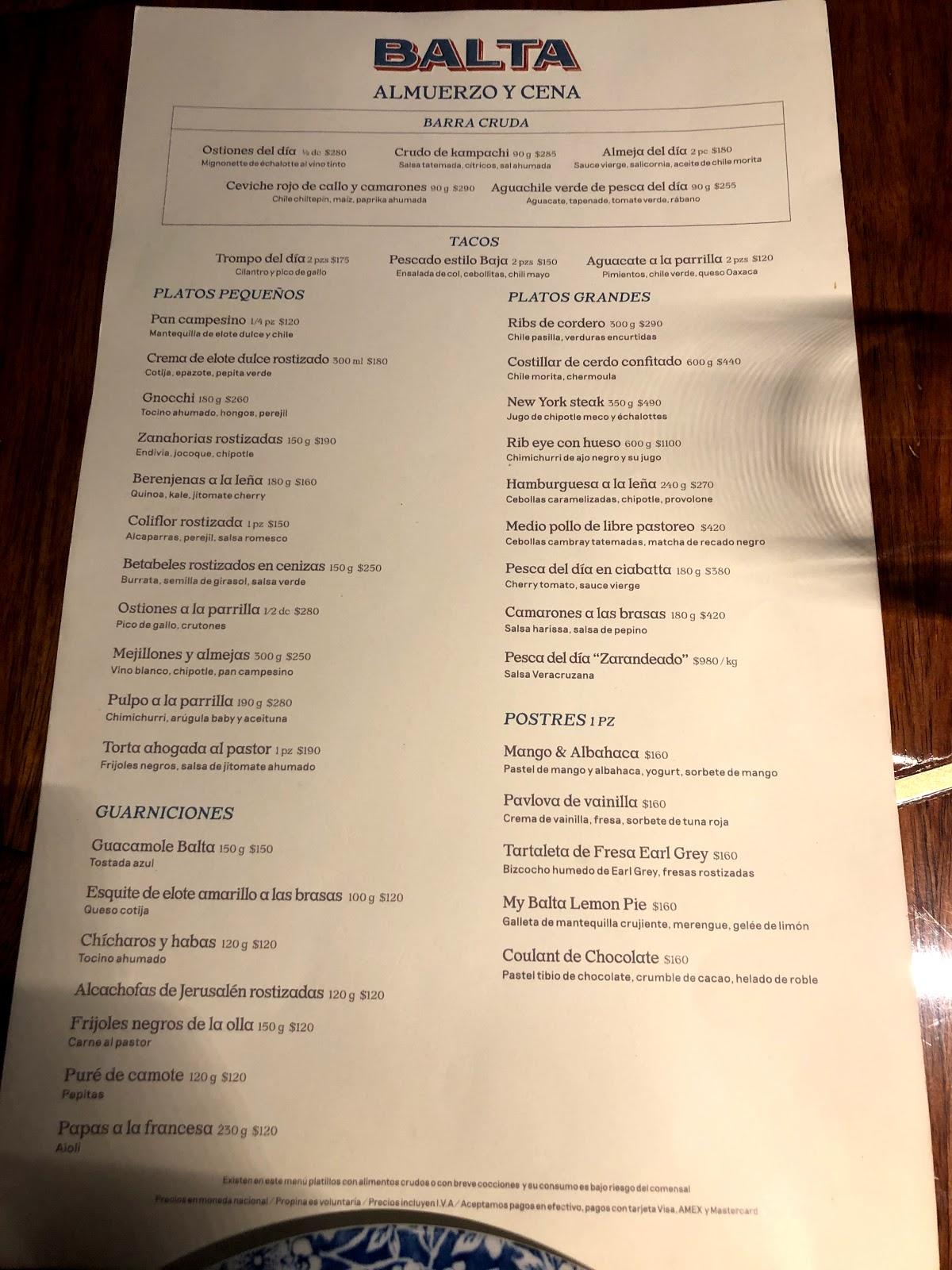 Carta del restaurante Balta, Ciudad López Mateos