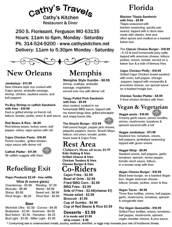 Menu at Cathy's Kitchen restaurant, Ferguson