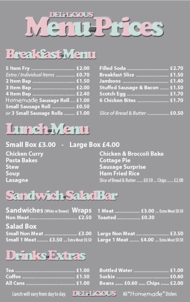 Menu at Deli-licious restaurant, Ballymena