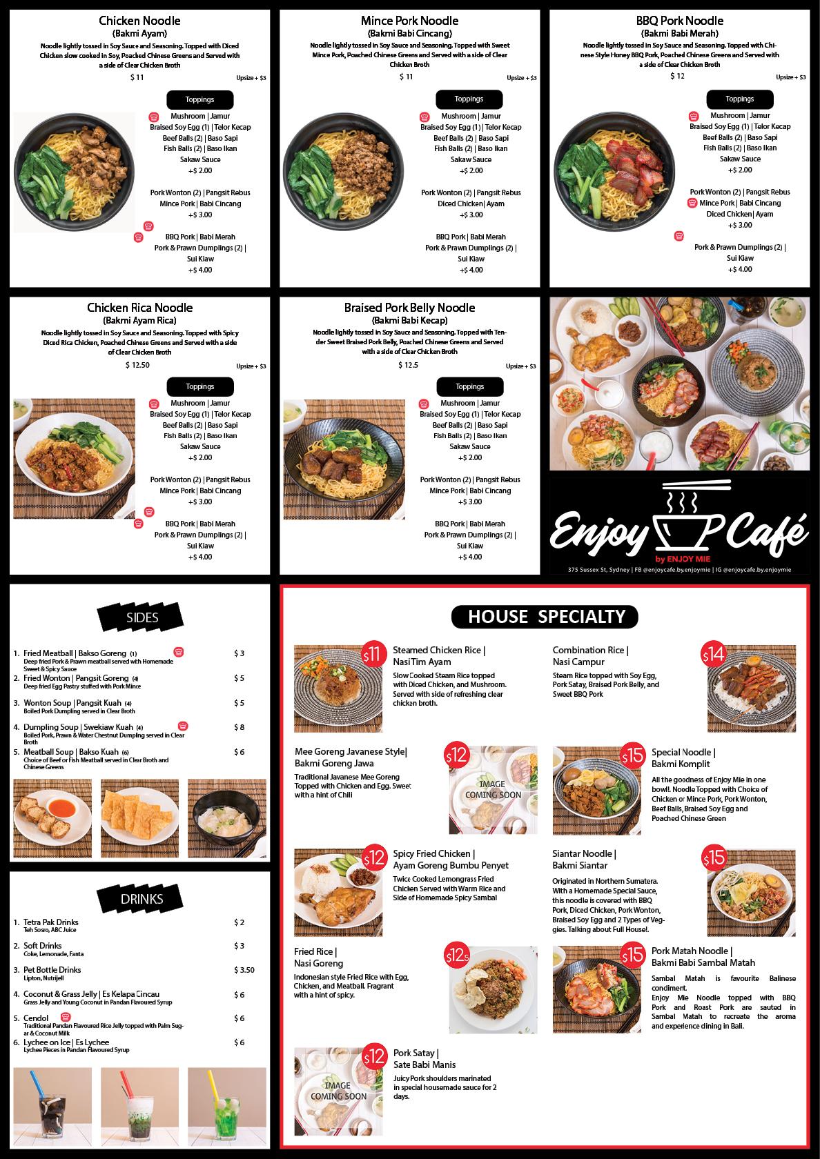 Menu at Enjoy Mie restaurant, Sydney, 375 Sussex St