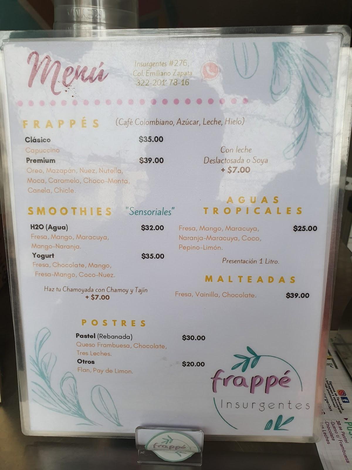 Menu at Frappé Insurgentes cafeteria, Puerto Vallarta