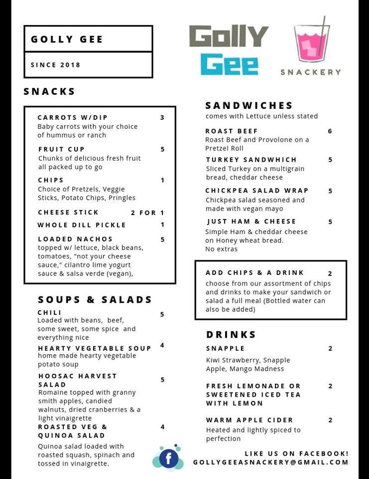 Menu at Golly Gee Snackery restaurant, Adams