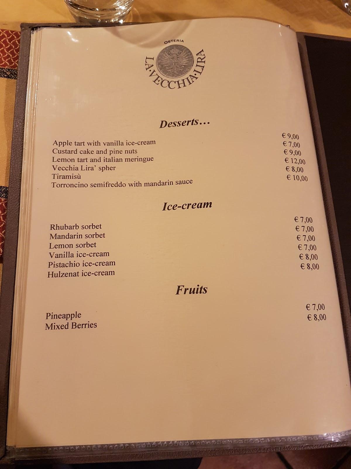 Menu at La Vecchia Lira restaurant, Milan, Largo la Foppa
