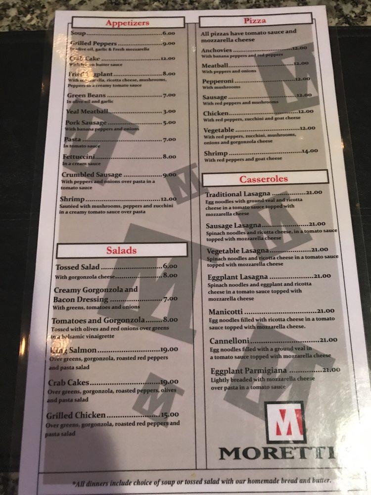 Menu at Moretti's on Dublin restaurant, Dublin