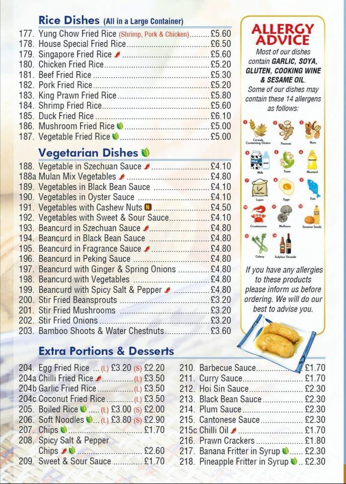 Menu at Mulan fast food, Kenilworth