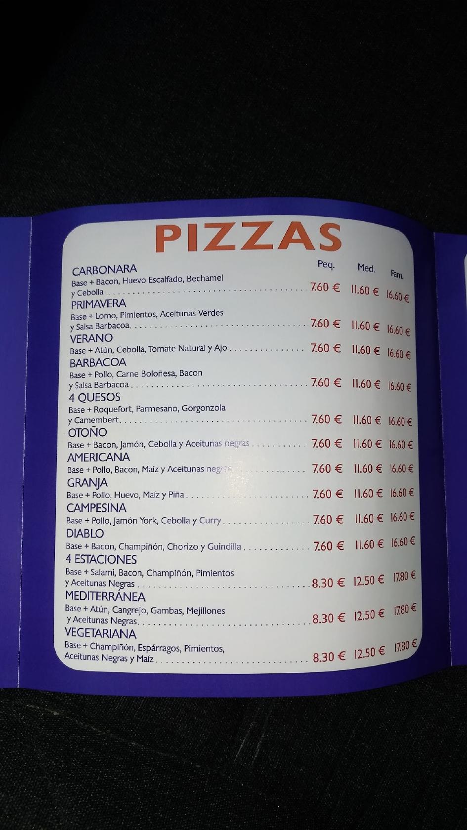 Menu at Pizzería Come y Calla, Medina del Campo