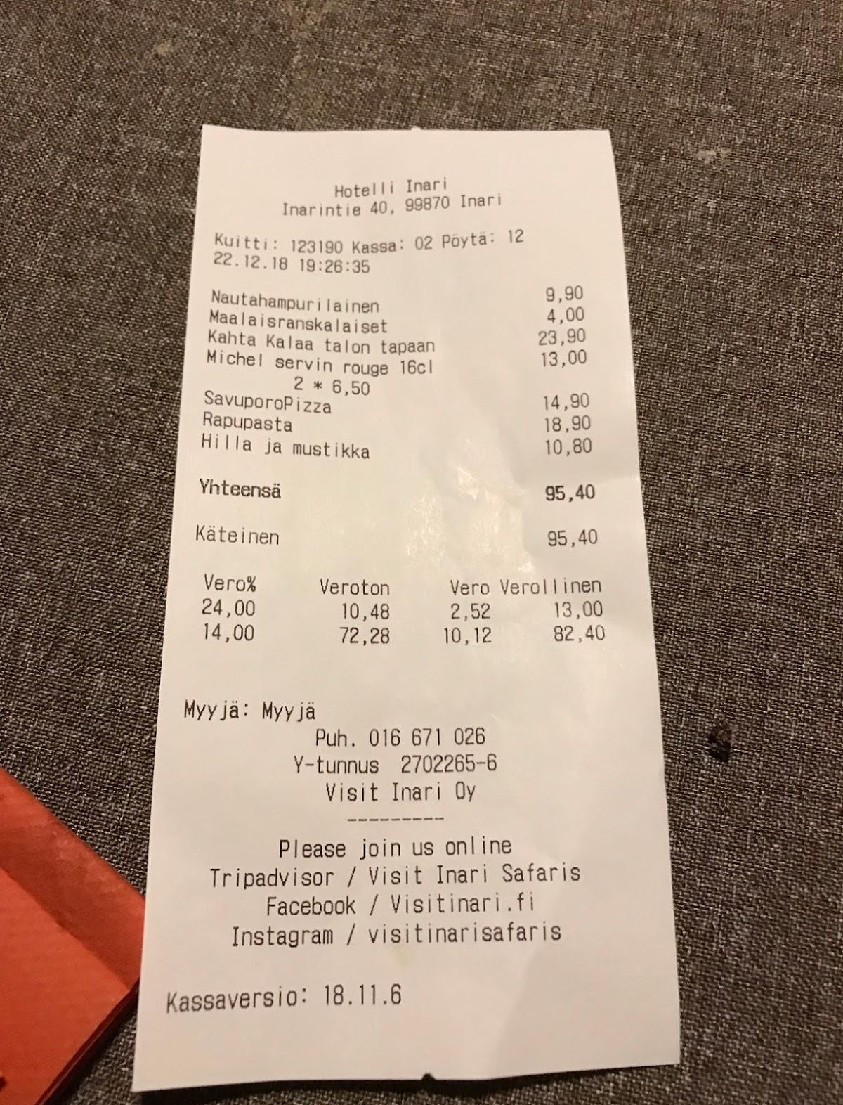 Menu at Restaurant Aurora - Hotel Inari, Inari