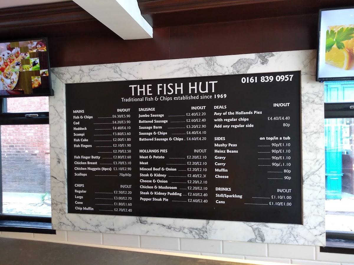 Menu at The Fish Hut fast food, Manchester