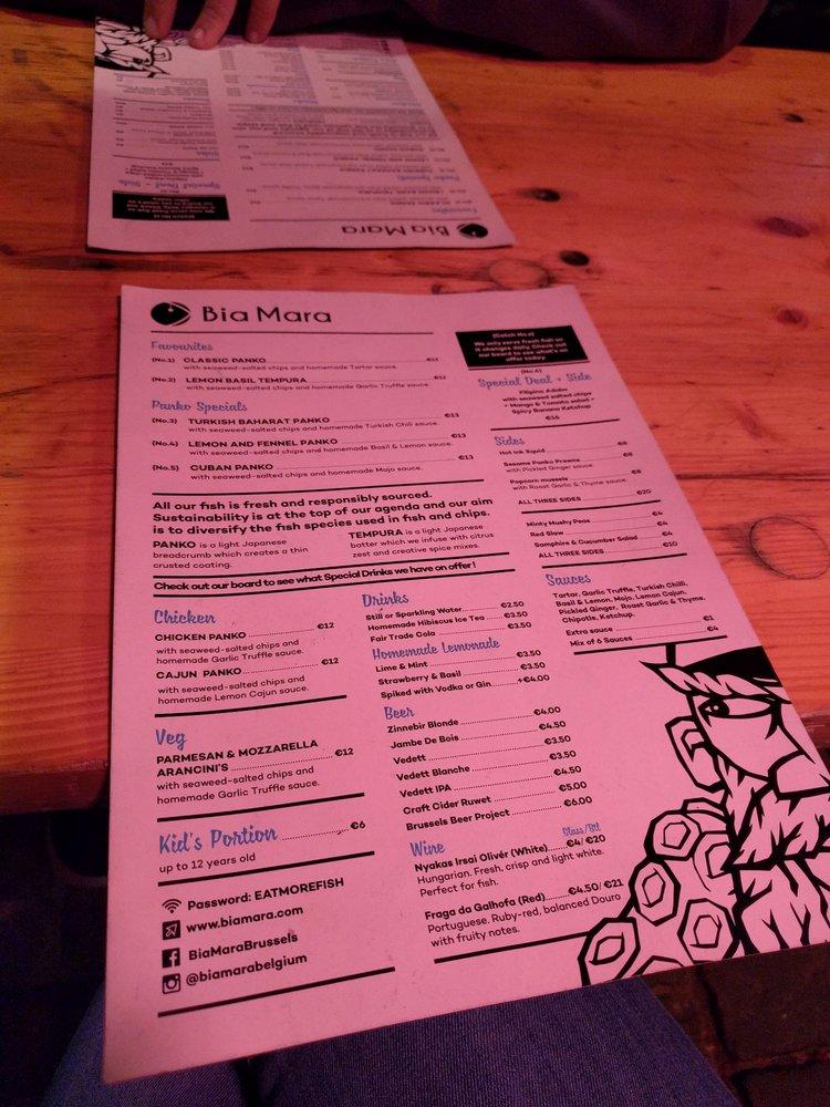 Menu at Bia Mara, Brussels, Rue du Marché aux Poulets 41