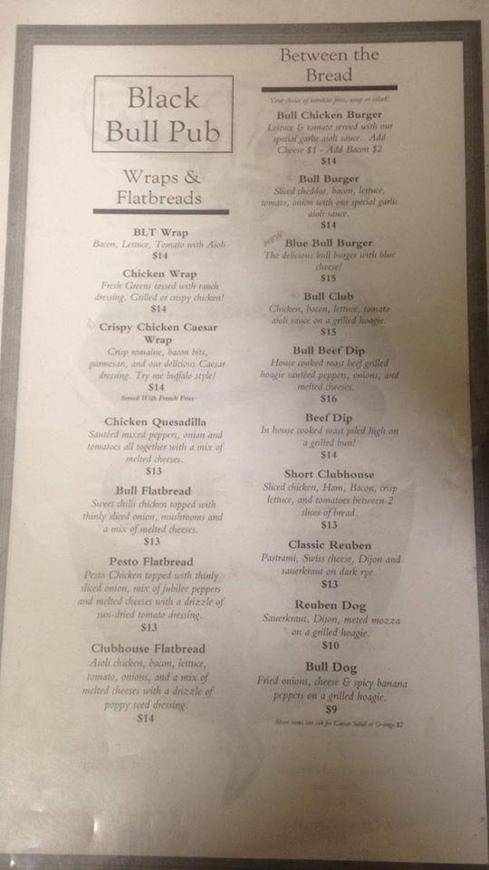 Menu at Black Bull Pub, Kamloops