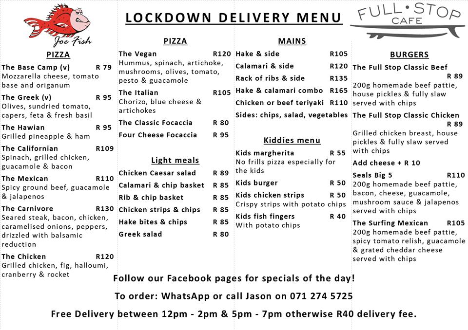 Carta de Full Stop Cafe, Cape Saint Francis