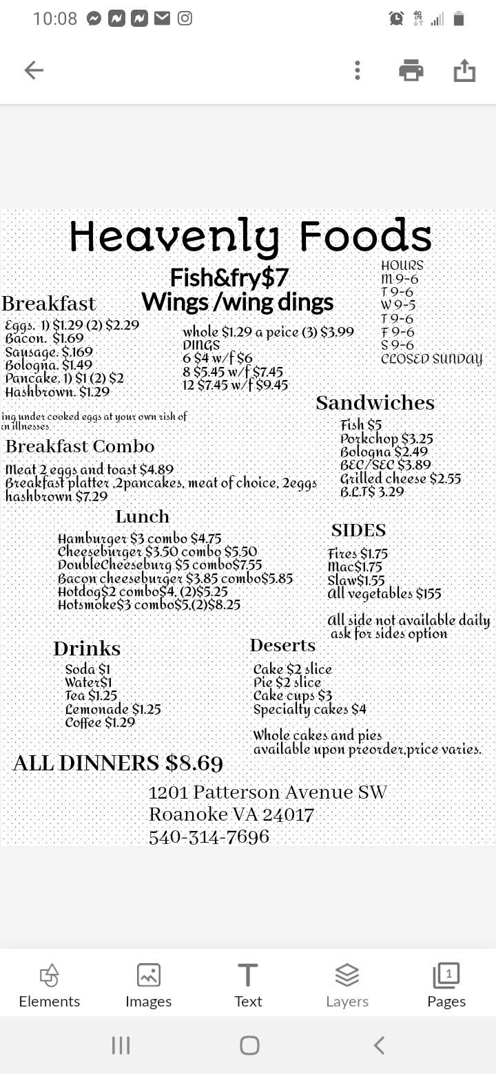 Menu at Heavenly Foods restaurant, Roanoke