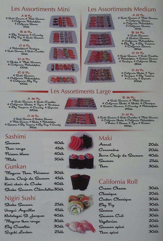 Menu at Masaki Sushi restaurant, Casablanca
