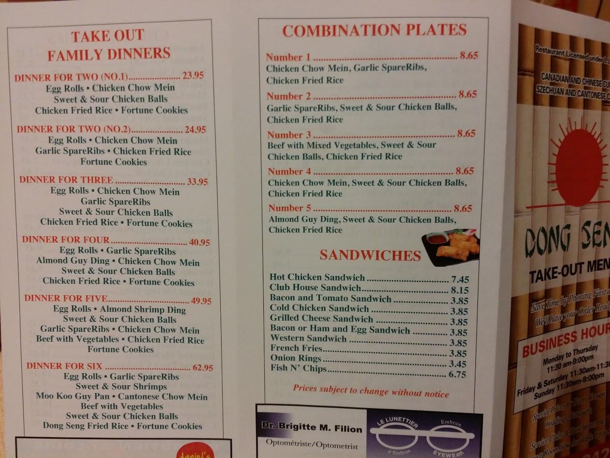 Menu au Dong Seng Chinese Food Take Out restaurant, Embrun