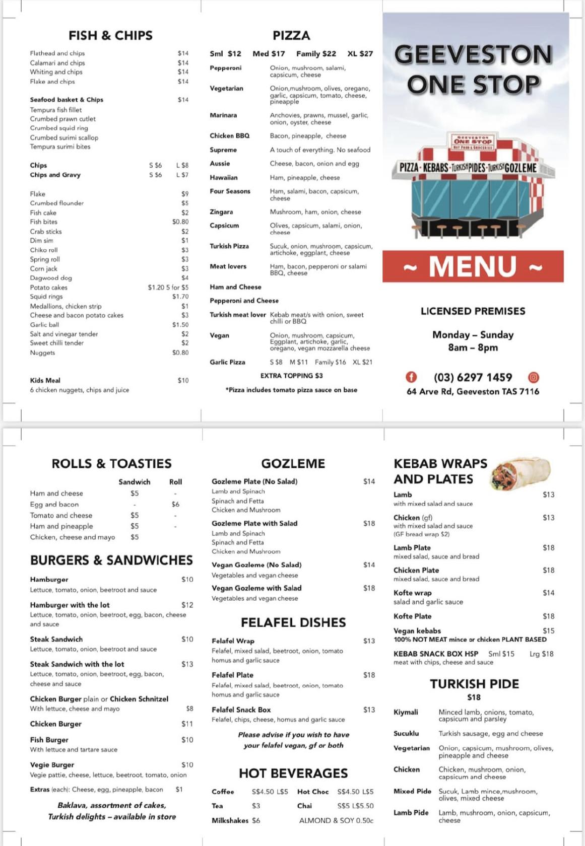 Menu at Geeveston One Stop Food & Beverage fast food, Geeveston