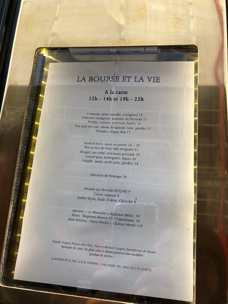 Menu at La Bourse et La Vie restaurant, Paris