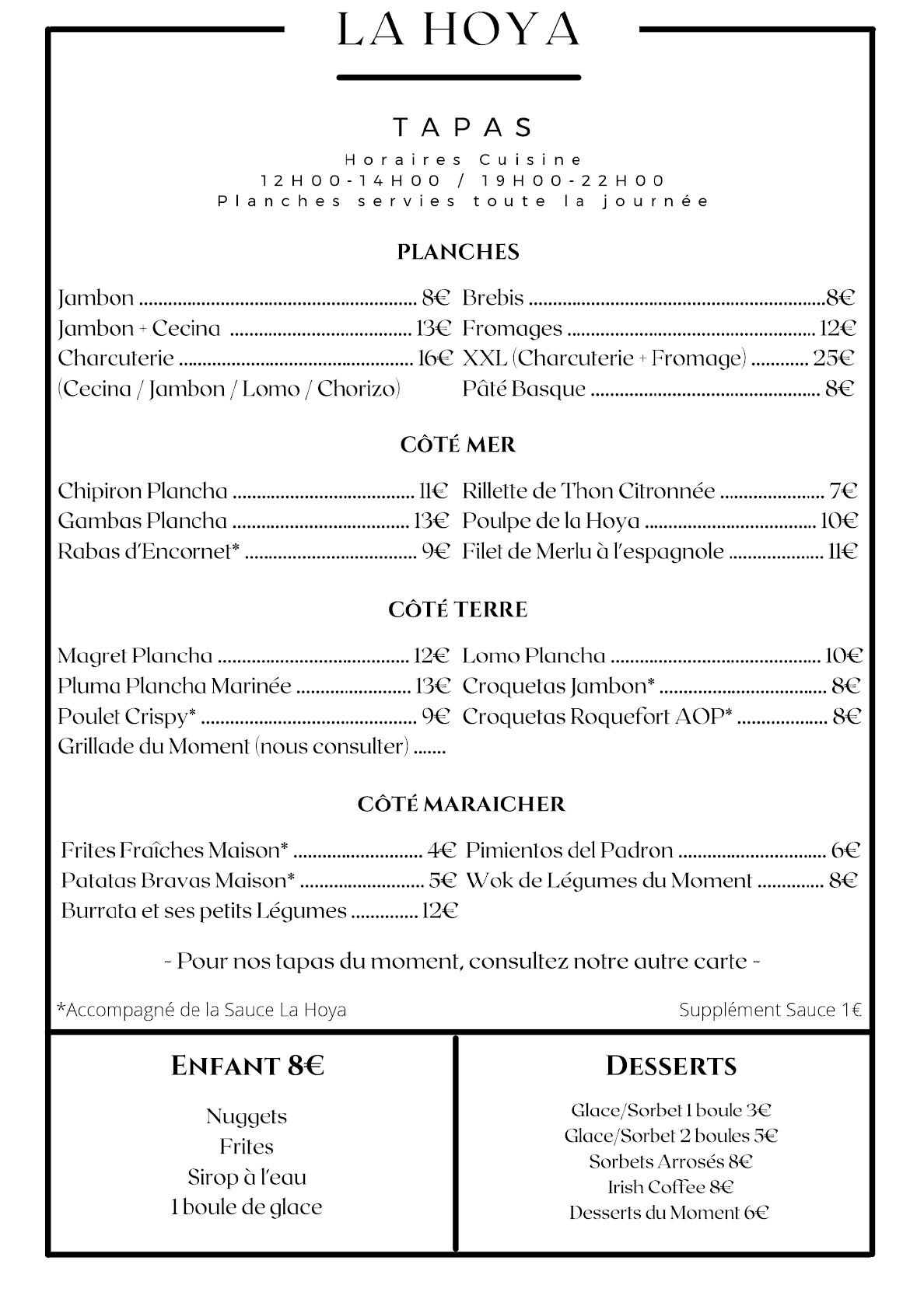 Menu at LA HOYA - Restaurant - Bar - Tapas, Labenne