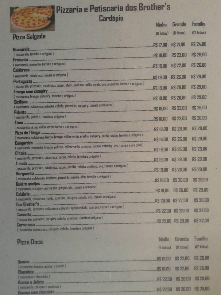 Menu em Pizzaria dos Brothers Cabo Frio RJ, Cabo Frio