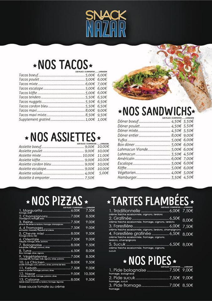 Menu at Snack Nazar restaurant, Schiltigheim